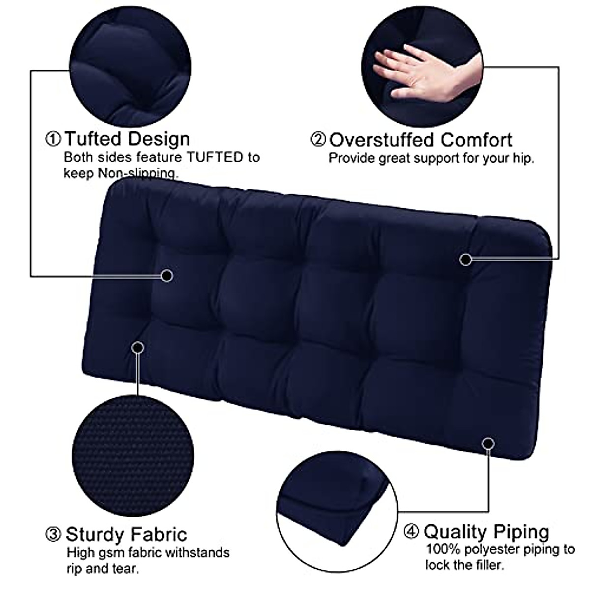 LOVTEX Tufted Bench Cushions for Outdoor Furniture Waterproof, 44 x 19 inches Patio Swing Cushions Navy - Overstuffed Indoor/Outdoor Loveseat Cushions with Round Corner