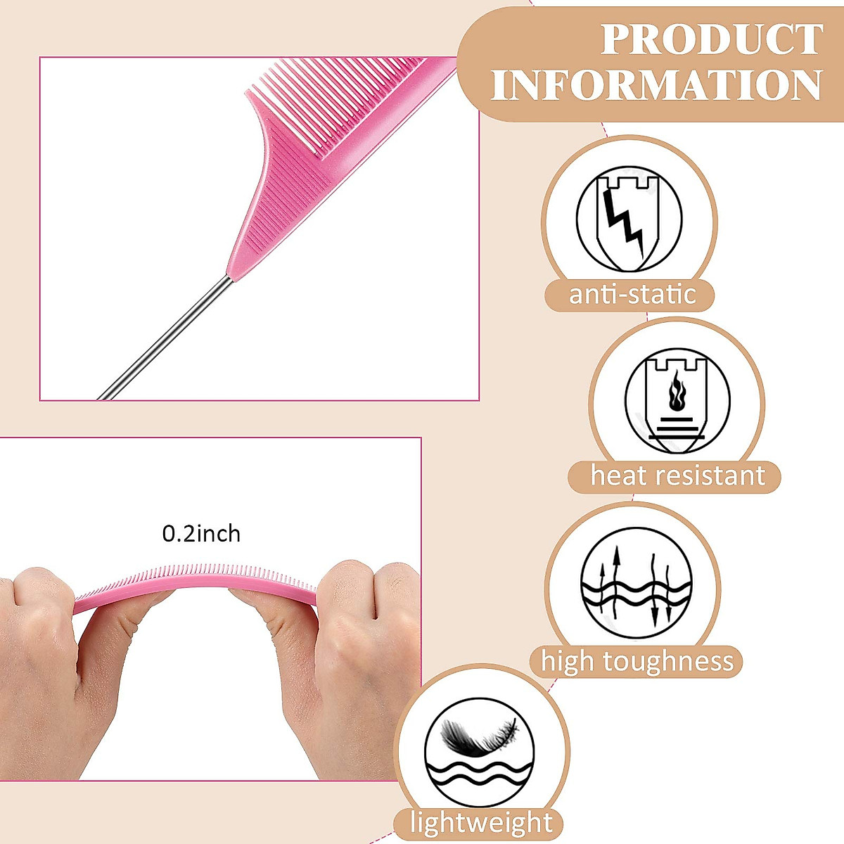 3 Pieces Carbon Fiber and Stainless Steel Hair Combs Set - Pintail, Teasing, and Parting Combs with Wide and Fine Teeth for Braids, Hair Salon, and Home Use, Black