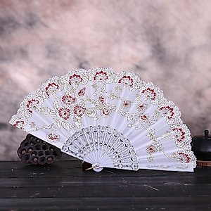 Best Chinese Style Dance Wedding Party Lace Silk Folding Hand Held Flower Fan - HHmei Fan, Decorative Fan, Retro Fan, Dance Fan, Gilded (White)