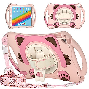 KIQ Cat Shield Case for iPad 9th Generation Case for Kids, Heavy Duty Cute ipad 10.2 case for Kids 7th 8th Gen w/Stand Shoulder Strap - Pink