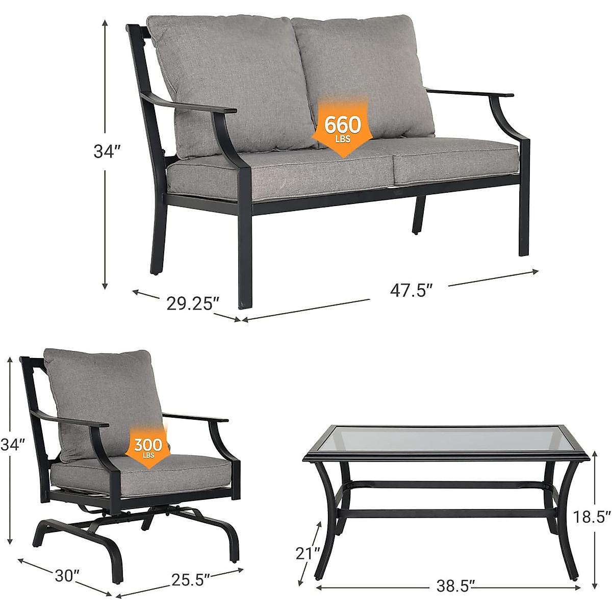 Grand patio Outdoor 4-Piece Patio Furniture Set Conversation Set with Olefin Cushions 2 Rocking Motion Chairs 1 Fixed Loveseat Glass Coffee Table, Dark Gray