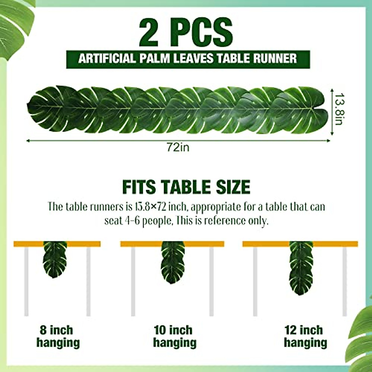 Artificial Palm Leaves Table Runners 72 Inch Long Tropical Palm Leaves Table Runner Faux Leaf Table Cloth for Wedding Hawaiian Luau Theme Party Supply Table Decoration Summer (Palm Leaf,2 Pieces)