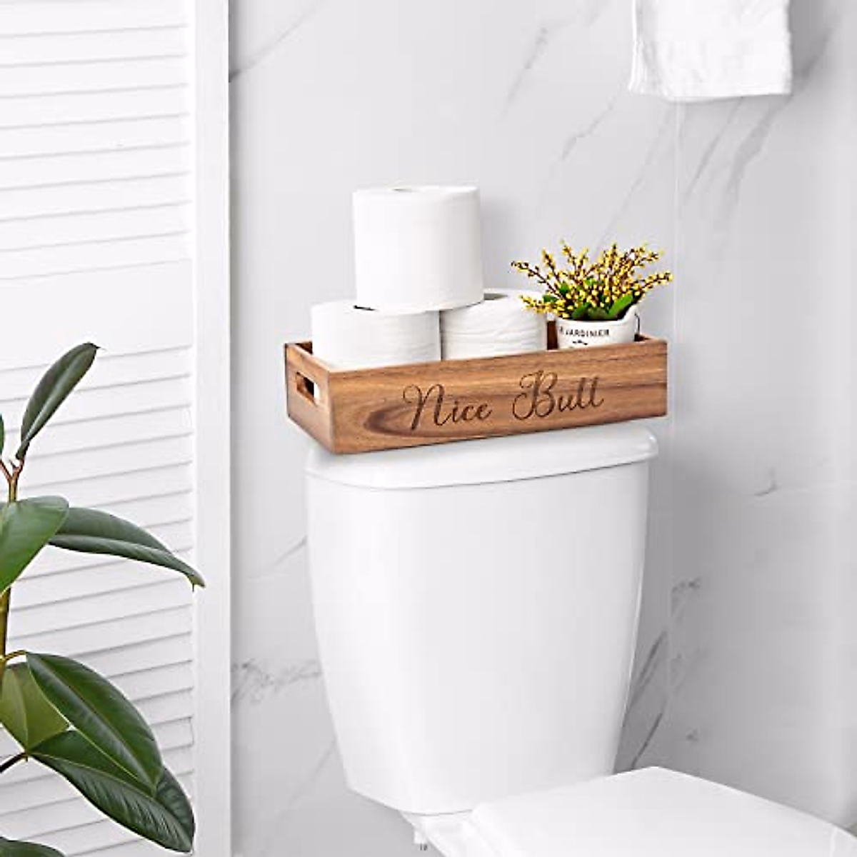 ALELION Bathroom Basket - Rustic Acacia Wood Toilet Tank Paper Basket with Handle for Organizing - Back of Toilet Storage Organizer for Bathroom Tank Topper Counter - Farmhouse Bathroom Decor Box