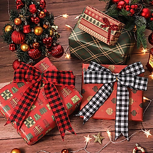 6 Rolls 54 Yards Christmas Wrapping Ribbon Buffalo Plaid Festival Ribbon Wired Holiday Garland Ribbons for Gift Wrapping Decoration Floral Bows Craft
