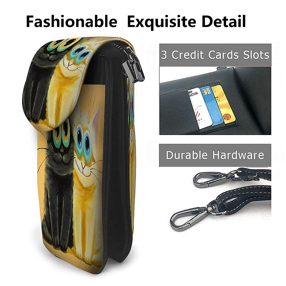 Beabes Cute Cat Crossbody Cell Phone Purse Funny Cartoon Big Eyes Animal Kitty Black YellowWallet Handbag