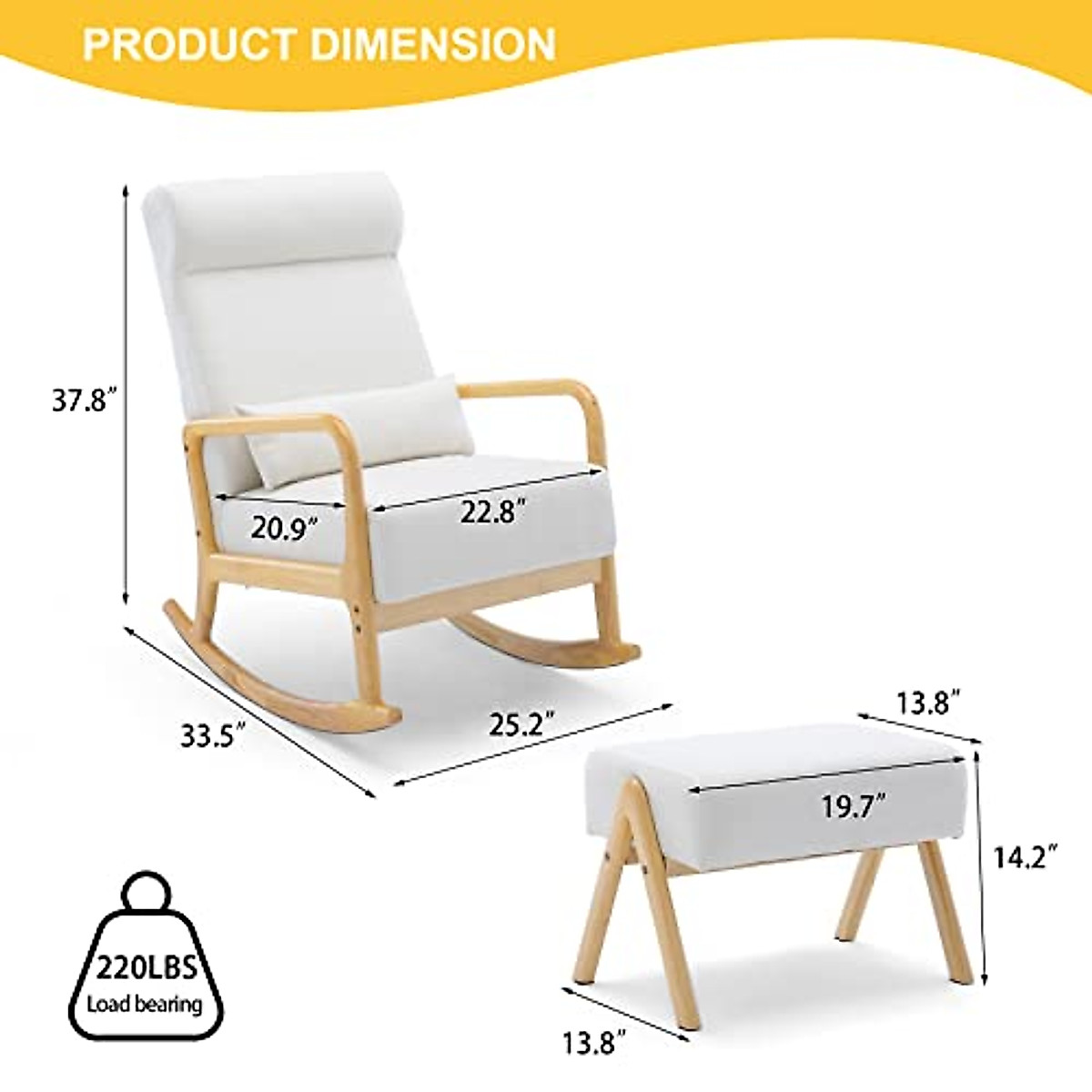 HOMREST Glider Chair with Ottoman,High Backrest for Nursery, Upholstered Fabric Indoor Rocking Armchair with Lumbar Pillow for Living Baby Room(White)