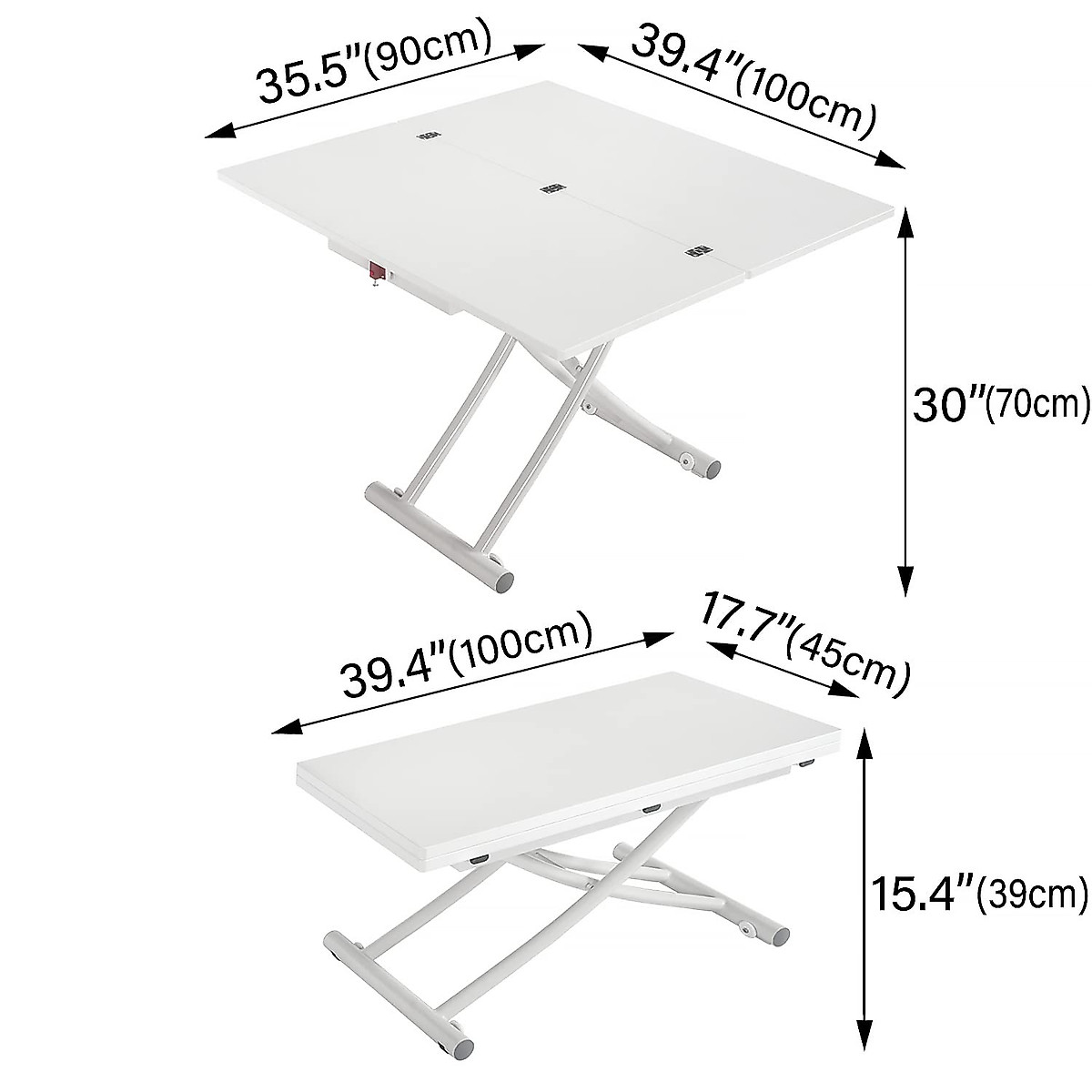 MYSELFLY Living Room Dinning Tables Folding Metal Lift Bracket Multifunction Transform Dinner Kitchen Coffee Tea End Table in Home Wood Desktop Design 40x35 White