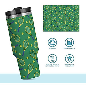 Exnundod Tennis Rackets and Balls Tumbler with Handle 40oz and Straw Insulated Tumblers Leak-proof Water Bottle for Car Travel