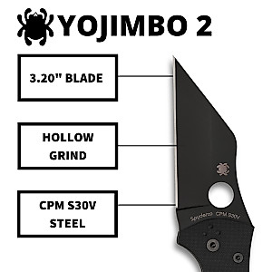 Spyderco Yojimbo 2 Specialty Tactical Knife with 3.2" CPM S30V Steel Black Wharncliffe Blade and Durable Black G-10 Handle - PlainEdge - C85GPBBK2