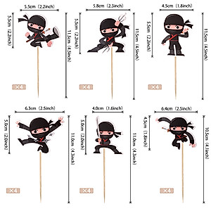 24 PCS Ninja Cupcake Toppers Assembled Martial Arts Karate Kung Fu Warriors Cupcake Picks Decorations for Ninja Theme Baby Shower Kids Birthday Party Supplies