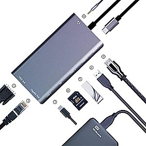 ZPLJ High-Speed Multi-Port 8 in 1 USB Splitter with Ethernet Port 4K HDMI 2 USB 3.0 and 1080P VGA USB-C Power Delivery 3.5mm Audio Support SD Card Reader Compatible for Flash Drive Portable