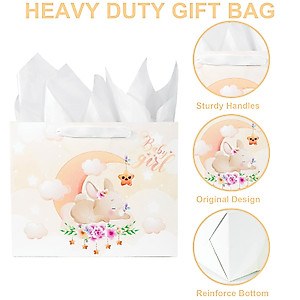 Baby Girl Gift Bag Set with Card and Tissue Papers, 12.6" Paper Bag with Handles for Baby Shower, Baby Girl Birthday, Newborn Party, New Parents