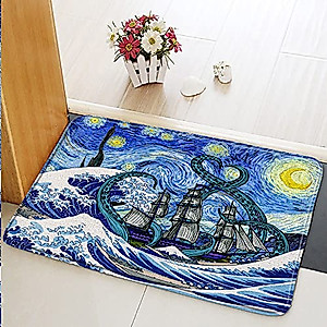 Octopus Tentacle Bath Mats Kraken Japanese Waves Starry Sky Marine Life Bathroom Rugs Beach Soft Absorbent Flannel Shower Floor Carpet Non-Slip Backing 18x30 Inch