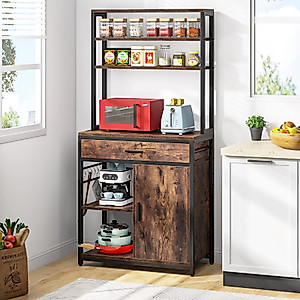 LITTLE TREE Bakers Racks for Kitchen with Cabinet, Large Capacity Microwave Stand with Drawers, 6-Tier Kitchens Utility Storage Shelves with Side Hooks, Rustic Brown