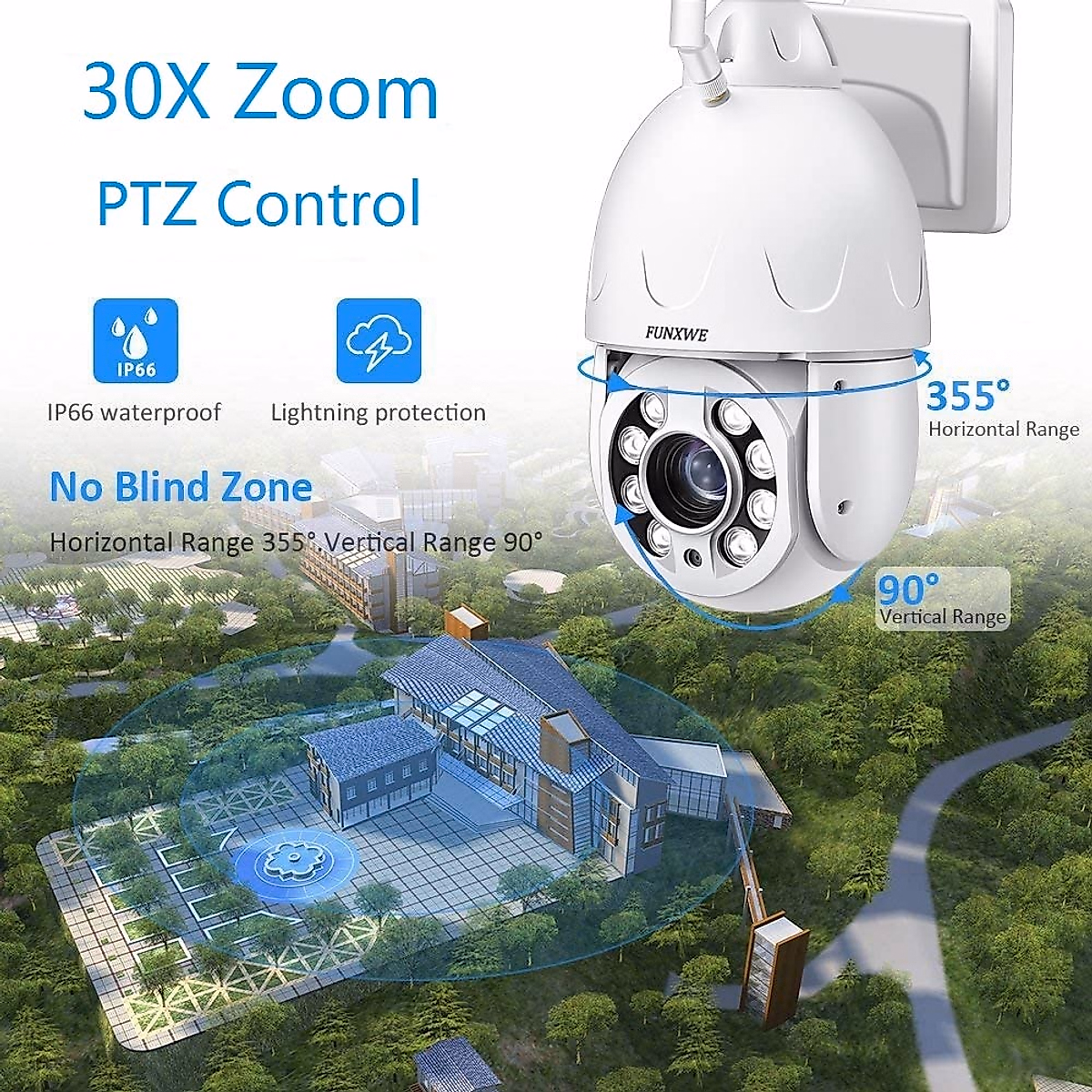 Funxwe 5MP 30X Optical Zoom WiFi Security PTZ Camera ​Wireless Wired CCTV Surveillance with Onvif Two Way Audio, Motion Detection Auto Tracking, Color Night Vision 330ft