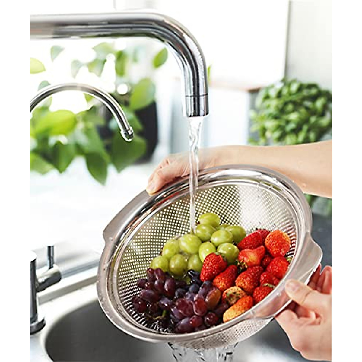 POJORY 3 Piece 304 Stainless Steel 2-3-3.5 Quart Colander Set with Handle, Micro-Perforated Strainers and Colanders, Great for Pasta, Noodles, Vegetables and Fruits, BPA Free