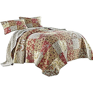 Chezmoi Collection Leslie 3-Piece Floral Patchwork Pre-Washed 100% Cotton Quilt Set, Queen