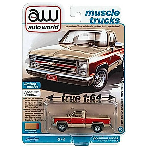 1987 Chevy Silverado R10 Fleetside Pickup Truck Tan & Bright Red Muscle Trucks Limited Edition 1/64 Diecast Model Car by Auto World 64362-AWSP101 A