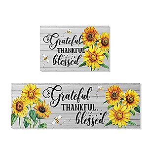 PRUKIVRA Kitchen Rugs and Mats,Non Skid Washable,Sunflower on Light Wood,Set of 2,Anti-Fatigue Comfort Standing Mat for Floor, Office, Sink, Laundry(17"x60"+17"x30")