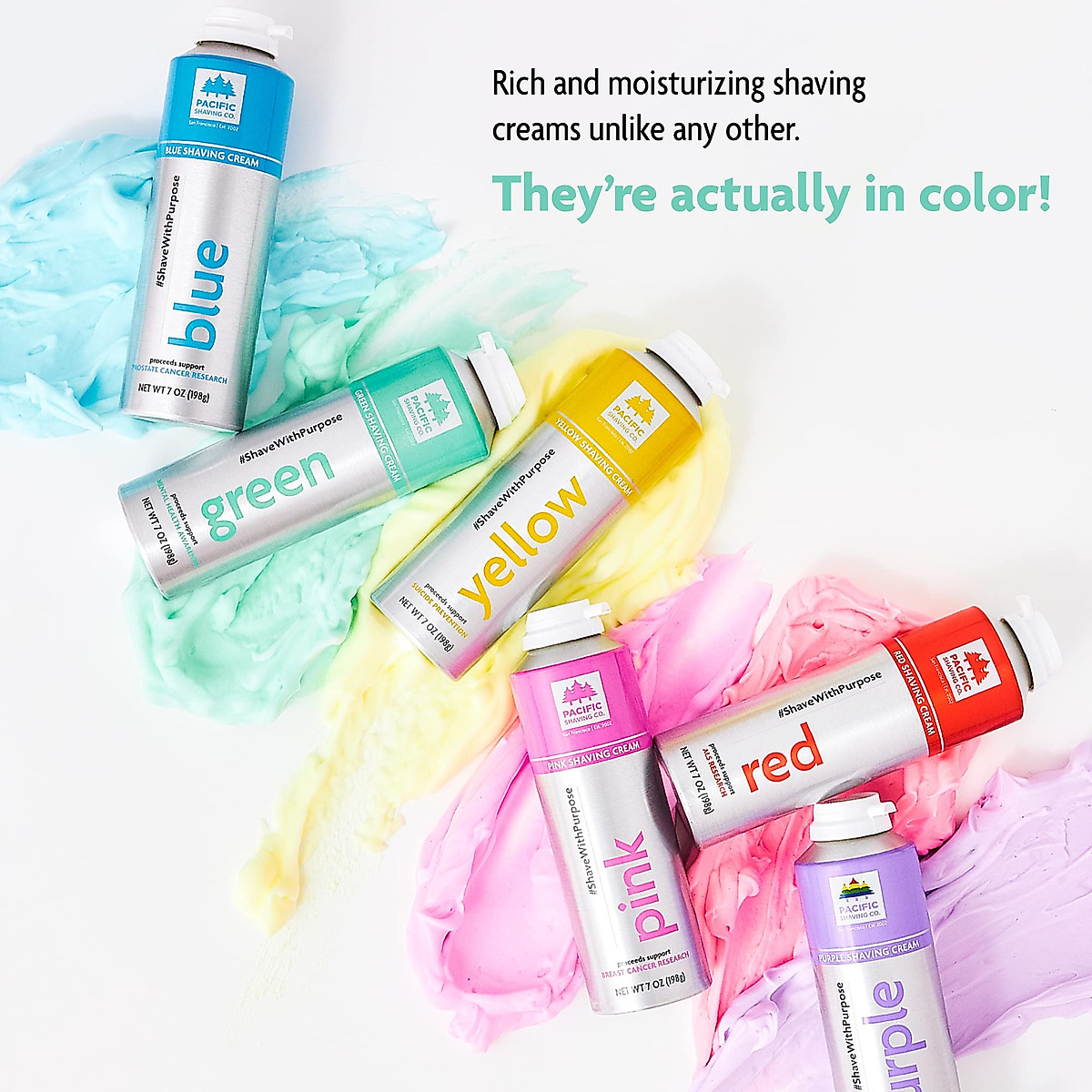 Pacific Shaving Company COLORFUL Shaving Cream, Shave with Purpose - Safe & Natural Ingredients, Cruelty Free, Made in the USA - 6 Item Bundle (7 oz each)