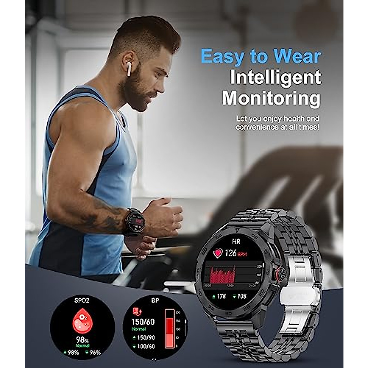 Smart Watch for Men Answer/Make Call,1.39''HD Touchscreen,400 mAh Battery,100 Sports Modes, 5ATM Waterproof Smartwatch with Heart Rate/SpO2/Blood Pressure Fitness Watch for Android/iOS Black