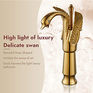 Cinwiny Swan Faucet Bathroom Sink Faucet Polished Gold Swan Shaped Single Handle One Hole Tall Lavatory Basin Tap Mixer Deck Mount Bird Faucet