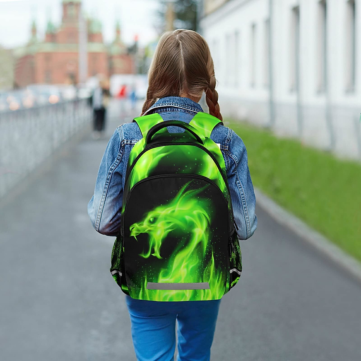 Green Fire Dragon Backpack Schoolbag for Boys Girls Elementary School Bookbag Travel Bag Casual Daypack Rucksack for Students