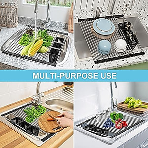 BBXTYLY Roll Up Dish Drying Rack with Storage Basket,Over The Sink Cover Kitchen Rolling up Dish Drainer, Foldable Sink Dish Drying Rack Stainless Steel for Kitchen Sink Counter(Black 17.3''x17.6'')