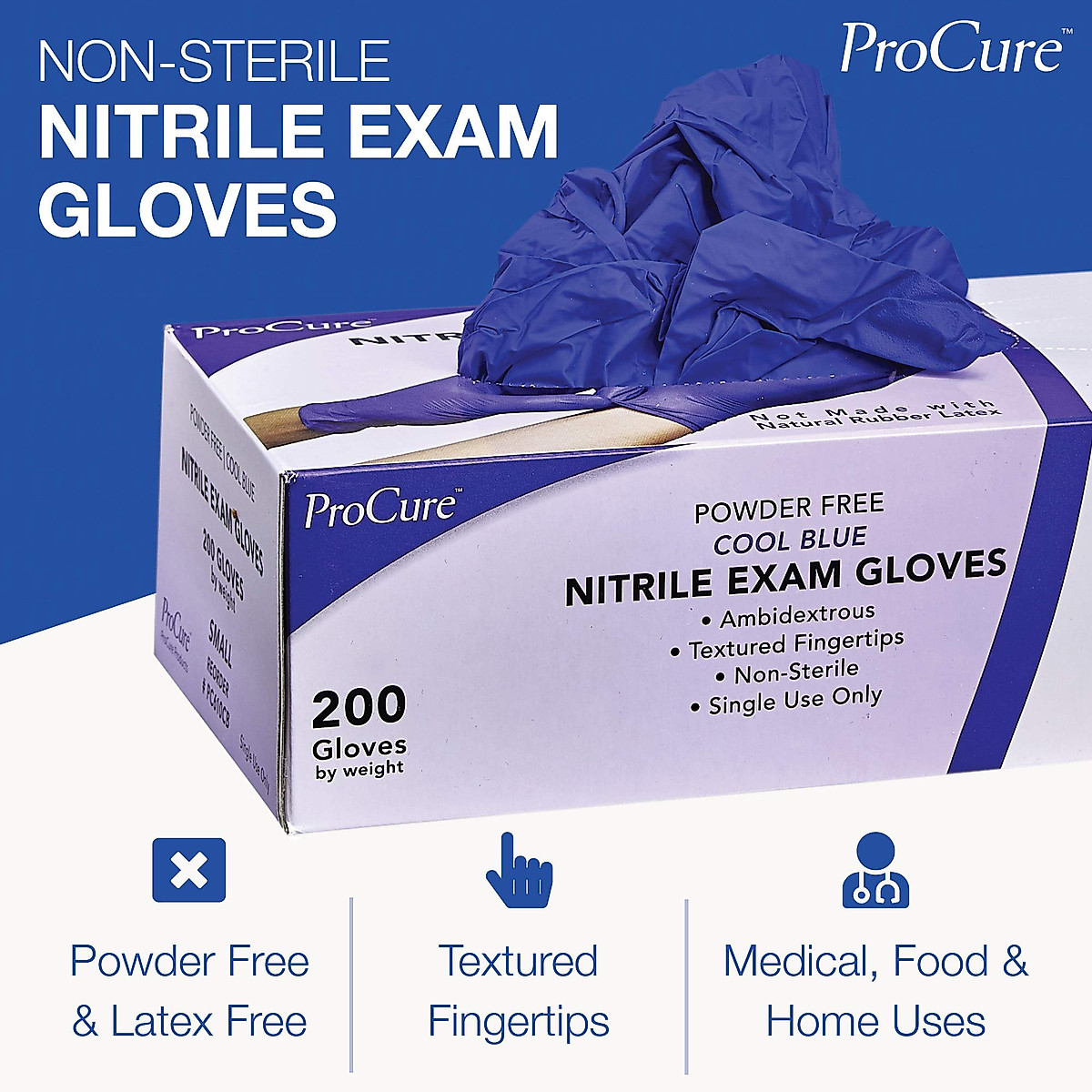 Medical Exam Disposable Nitrile Gloves X-Small, 2,000 Count Case - Powder Free, Rubber Latex Free, Food Safe, Surgical Grade, Ambidextrous, Textured Tips, 3 Mil Thickness - Cool Blue (10 Boxes of 200)