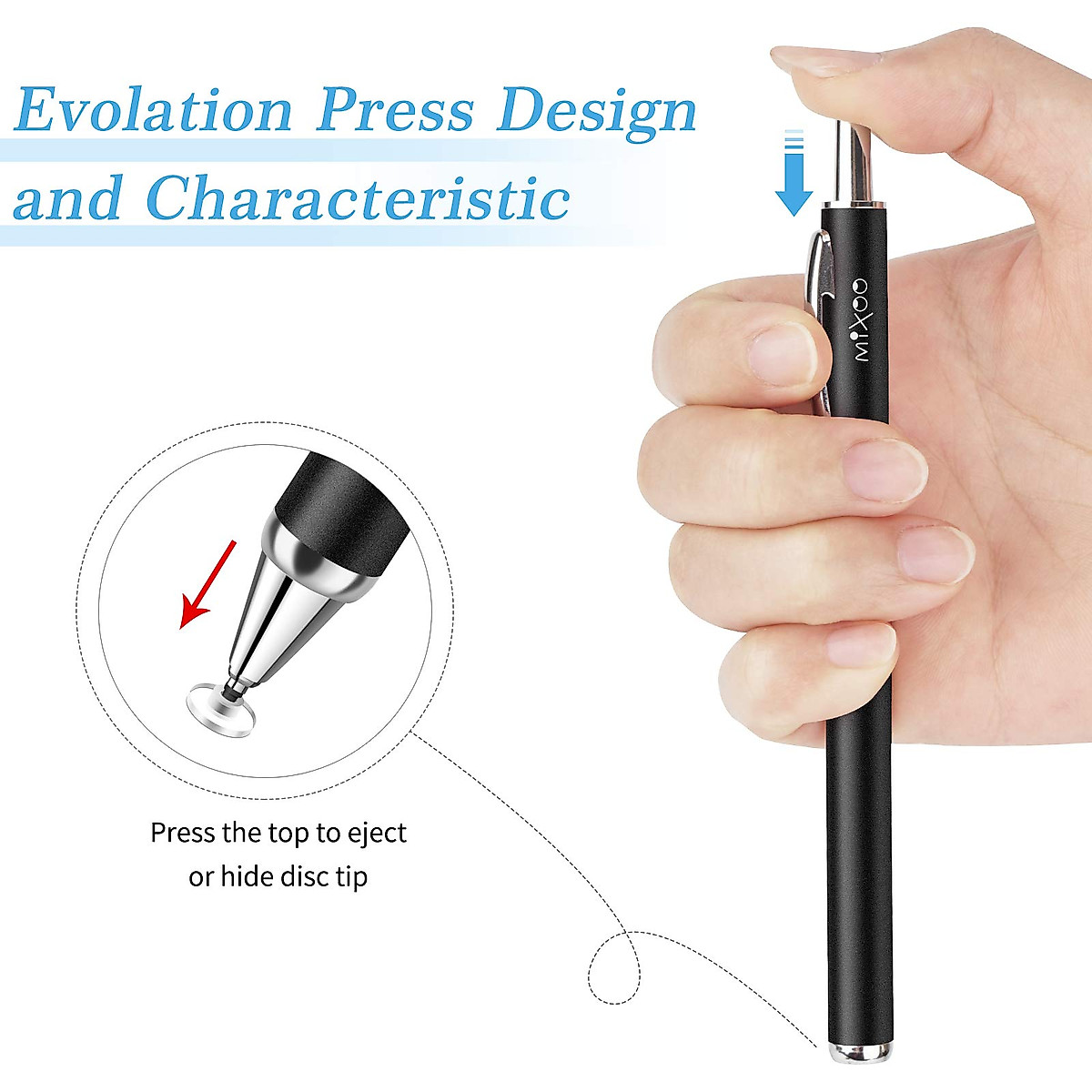 Mixoo Retractable Stylus for Touch Screens - High Sensitivity Universal Stylus Touch Screen Pen with 3 Replaceable Disc Tips for iPad iPhone and All Other Capacitive Tablets & Cell Phones (Black)