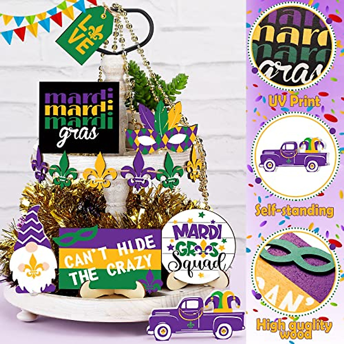 13 Pieces Mardi Gras Decor Mardi Gras Tiered Tray Decor Carnival Tier Tray Decorations Mardi Gras Centerpieces for Tables Wood Gnomes Trays Signs with 2 Wood Bases for Home Mardi Gras Party Decoration