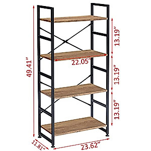 HASIODXE Industrial 4 Tier Bookshelf, Wood Etagere Bookshelves and Bookcase with Metal Frame, Rustic Standing Unit Shelf Display Rack for Living Room/Home Office, Vintage Brown