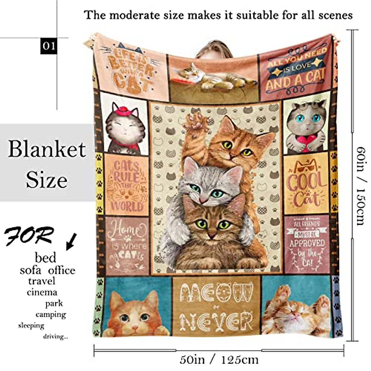 Cat Gifts for Cat Lovers Blanket 60"x50", Cat Lover Gifts for Women Blankets, Cat Mom Gifts for Women, Funny/Crazy/Cool Cat Themed Lady Gifts for Girls, Christmas/Birthday Gift Ideas for Cat Lover