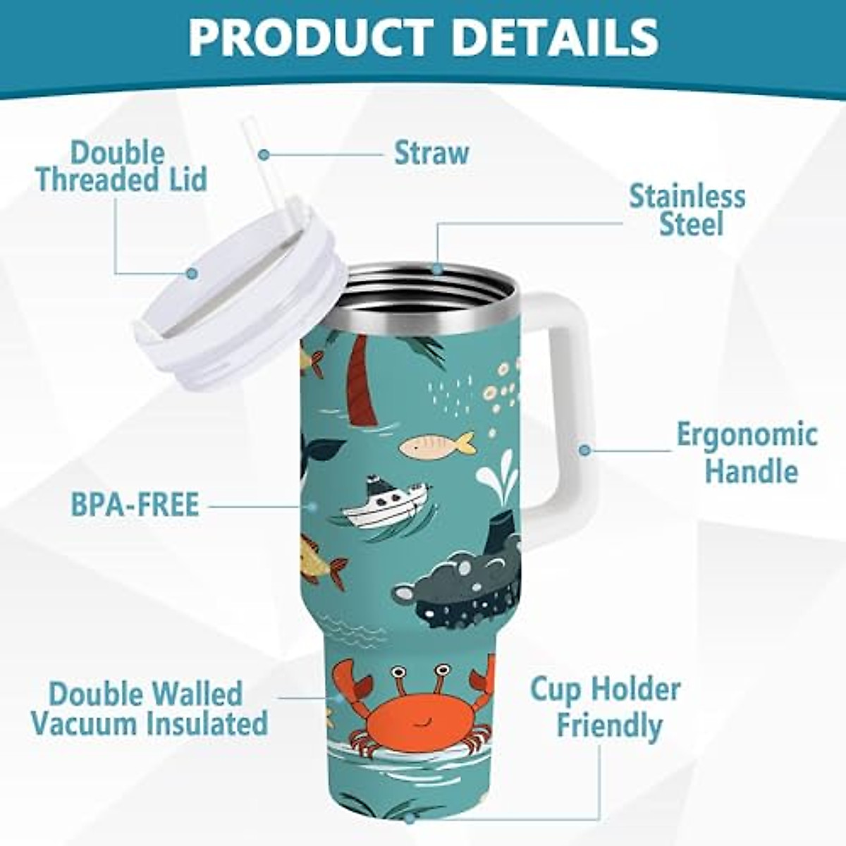 Burbuja Cute Marine Animals 40oz Insulated Tumblers with Handle and Straw Lid, Double Wall Stainless Steel Travel Mug Leak-Proof, BPA Free, Gift for Mom Dad