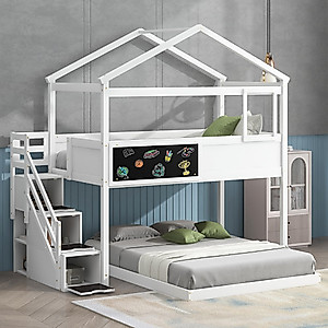 Harper & Bright Designs Twin Over Full House Bunk Bed with Stairs and Blackboard, Wood Floor Bunk Bed Frame with Storage Staircase, for Kids Teens (White)