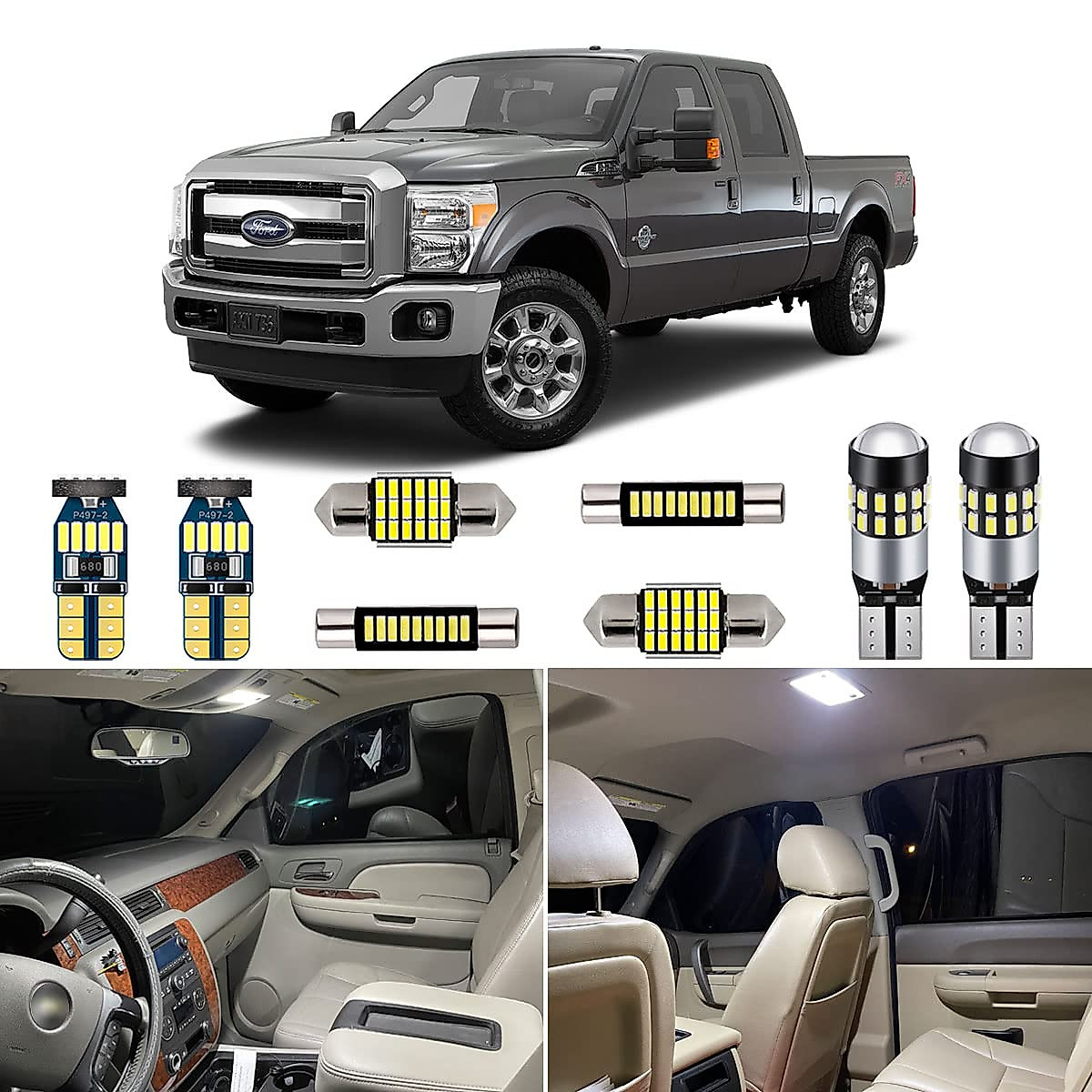 AUTOGINE 11 Piece White Interior LED Lights kit for 2008-2020 Ford F250 F350 Super Duty Super Bright 6000K Interior LED Light Bulbs Package + Install Tool