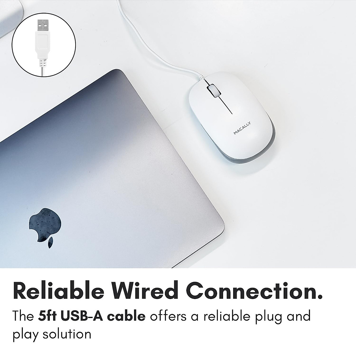 Macally USB Wired Mouse for Mac and Windows - Simple 3 Button Corded Computer Mouse Wired, Scroll Wheel Layout with Long Wire Cord - Plug and Play USB Mouse Wired for Laptop, PC Desktop, Notebook