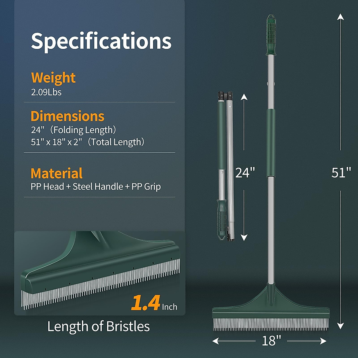 Artificial Grass Turf Rake with Foldable Lightweight Steel Handle, 51" Folding Turf Brush for Carpet Cleaner with Ergonomic Design, Suitable for Pet Hair Removal, Silver Handle and Green Head