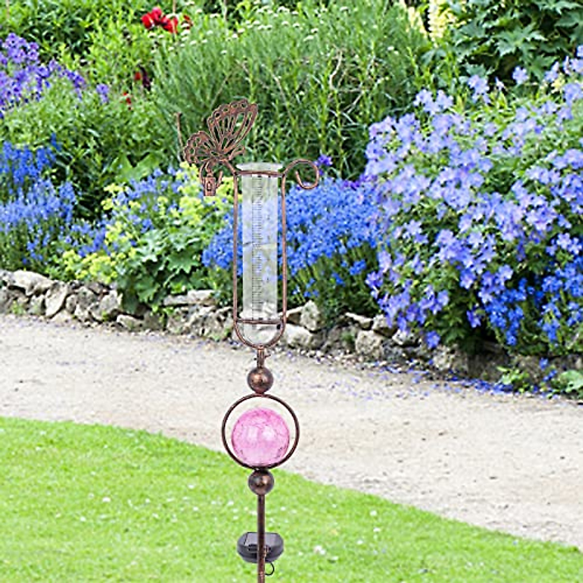 MUMTOP Rain Gauge Outdoor - 36 Inch Solar Butterfly Crackle Glass Stake Lights for Lawn, Yard and Garden