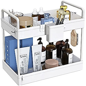 SOLEJAZZ Under Sink Organizers and Storage Multi-Purpose, 2 Tier Under Bathroom Cabinet Storage with Dividers, Hooks, Cup for Bathroom, Kitchen, White