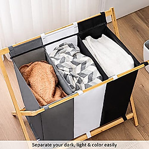 YOUDENOVA 143L Large Laundry Hamper Basket 3 Section, Waterproof Laundry sorter with 3 Compartments, Triple Divided laundry Organizer for Bedroom, Bathroom Organization, Black and Grey