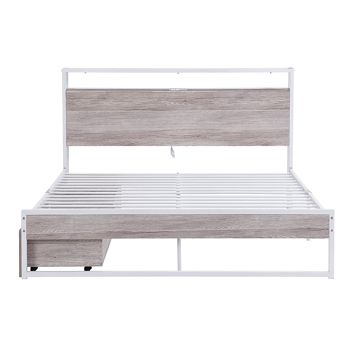 Metal Bed Frame Queen with Two Drawers Queen Size Storage Bed with Sockets, USB Ports and Slat Support for Living Room Bedroom,No Box Spring Needed/Easy Assembly (White)