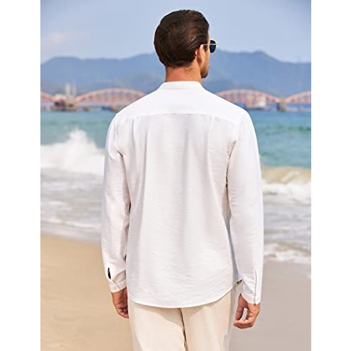 COOFANDY Men's Linen Henley Shirt Long Sleeve Casual Hippie Cotton Beach T Shirts White