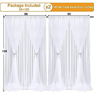 10ft x 10ft White Tulle Backdrop Curtain Panels, Dual Layer Wrinkle Free White Curtain Backdrop Tulle Drapes for Wedding Parties Birthday Graduation Photography Home Decorations