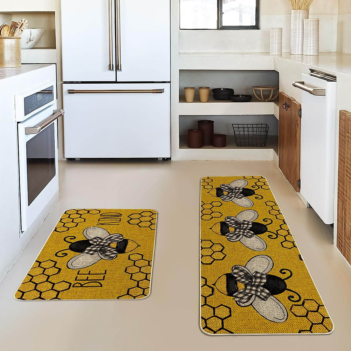 Artoid Mode Yellowe Bee Kind Spring Kitchen Mats Set of 2, Summer Home Decor Low-Profile Kitchen Rugs for Floor - 17x29 and 17x47 Inch