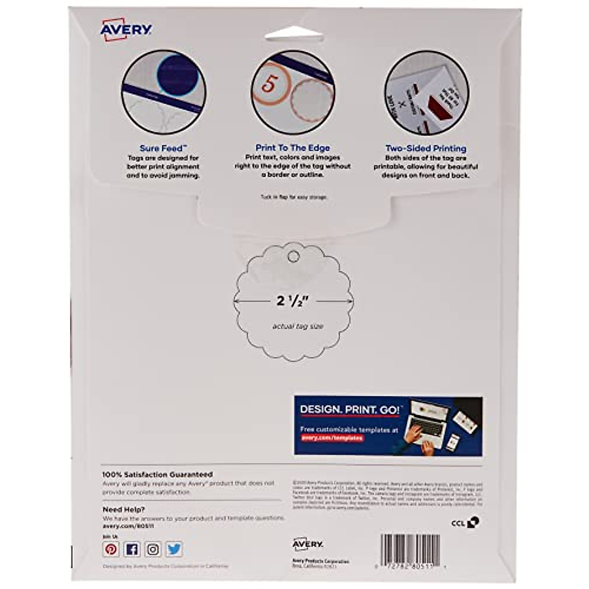 Avery Printable Blank Scallop Round Gift Tags with Sure Feed, 2.5" Diameter, Textured White, 90 Customizable Tags (80511)