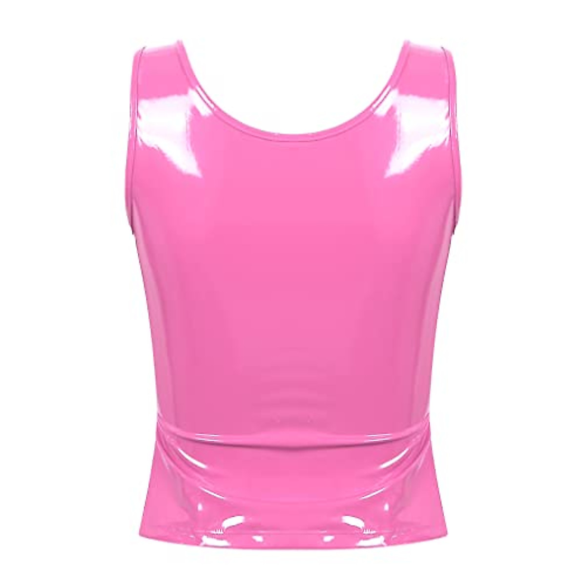 Oyolan Sexy Women PVC Leather Wet Look Zipper Open Crop Tank Tops Latex Moto Biker Punk Tops Blouse Pink Small