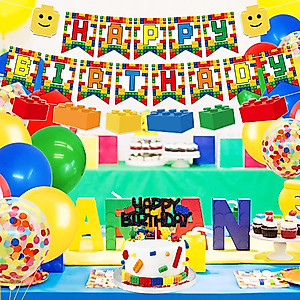 Building Blocks Themed Birthday Party Decorations Pack - Includes Glitter Cake Topper Banners and Balloons - Summer Colorful Themed Bday Party Pack Supplies