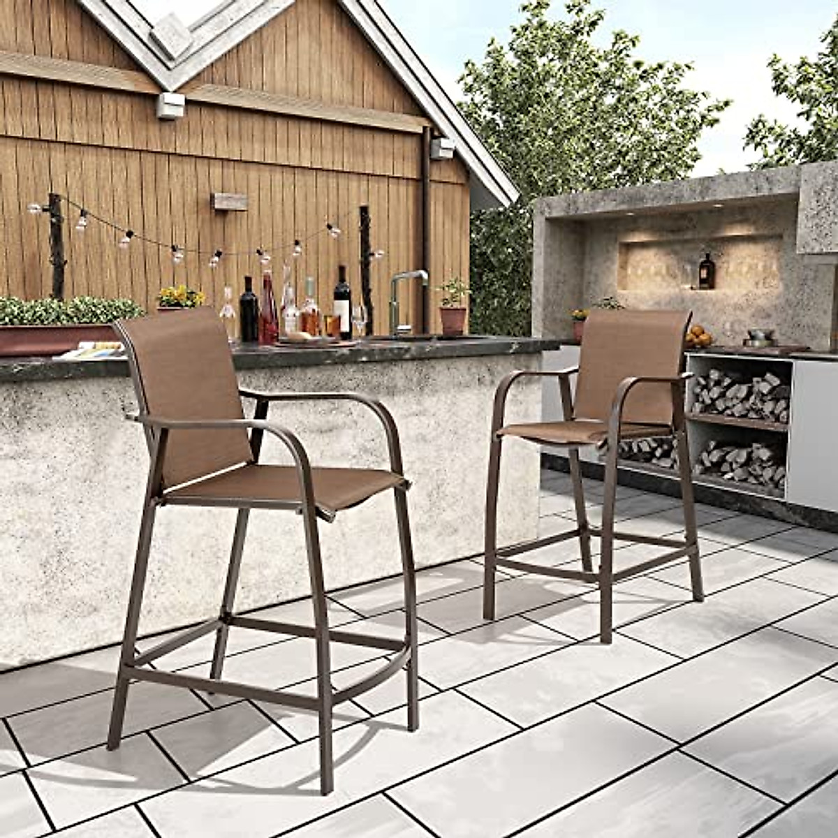 Crestlive Products Counter Height Bar Stools Aluminum Patio Furniture with Heavy Duty All Weather Frame in Antique Brown Finish for Outdoor Indoor, 2 PCS Set, 27.5'' Seat Height (Brown)