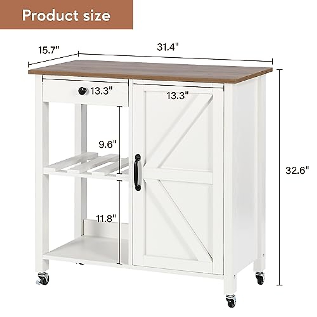 4 EVER WINNER Kitchen Island Cart on Wheel with Storage, 31" Farmhouse Island Table with Storage Drawer & Cabinet, Adjustable Shelf, Wine Rack,Rolling Small White Kitchen Coffee Cart for Dining Room